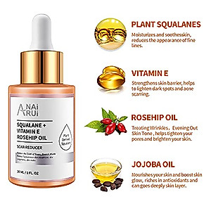 ANAI RUI Squalane + Vitamin E Rosehip Oil Moisturizer for Face Hydrate, Reduce Scars and Stretch Marks, Wrinkles for Smoother, Softer Skin 1 fl. Oz