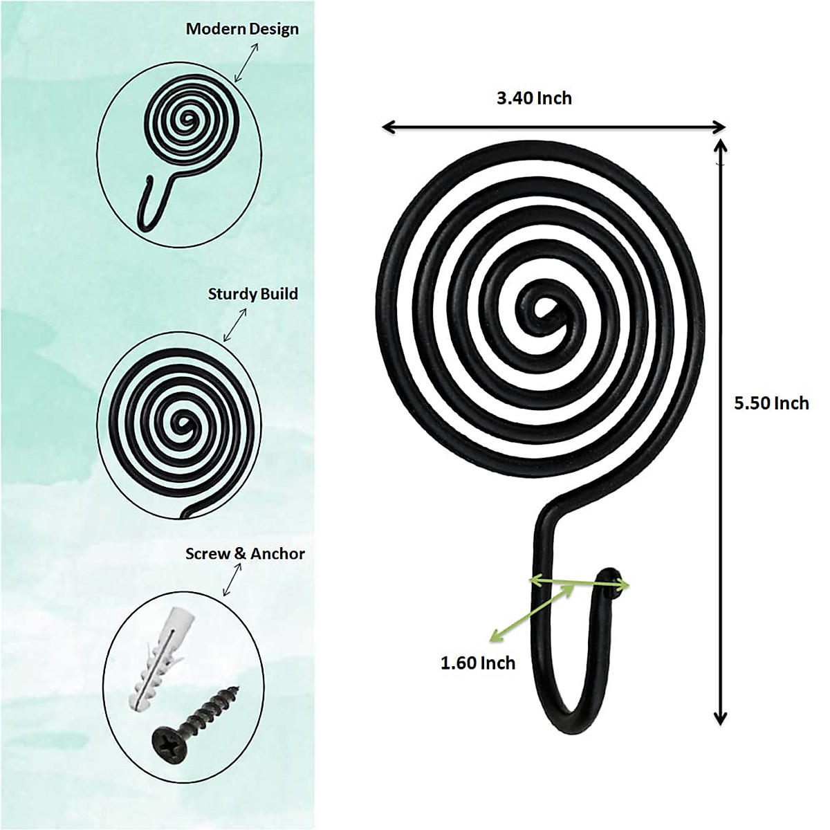 Living Ideas Hand Forged Metal Spiral Wall Hook Wrought Iron Handmade Wall Mounted Coat Hook Blacksmith Metal Wall Kitchen Towel Hooks Rack Black Antique Finish Wall Hooks