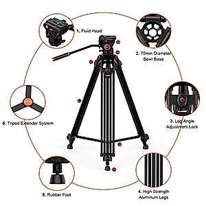 GEEKOTO Video Tripod System, 72 inches Heavy Duty Tripod, Professional Aluminum Twin Tube Tripod, K3 Fluid Head, Mid-Level Spreader, Max Loading 33 LB, 360 Degree Fluid Head for DSLR Camcorder Camera