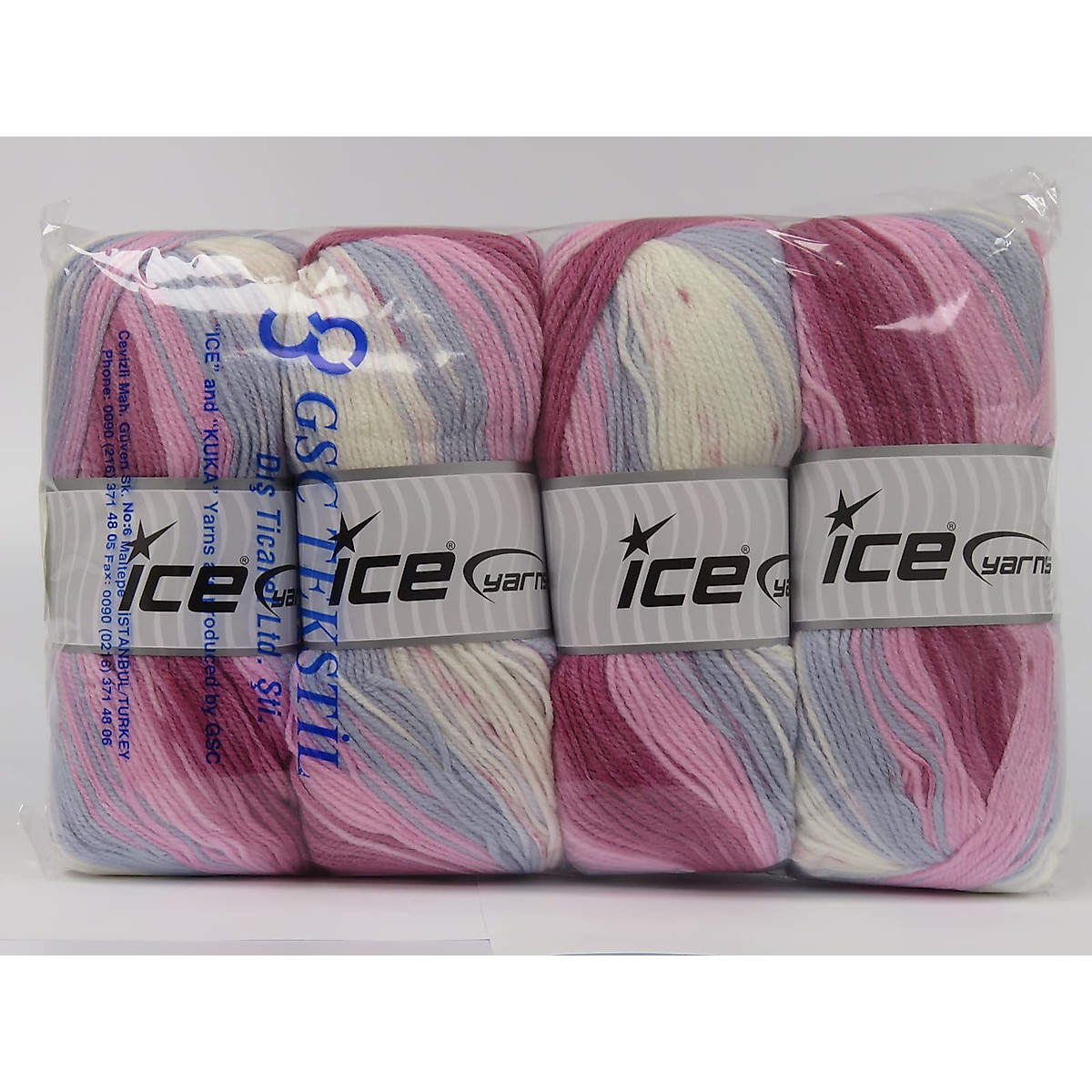 Lot of 4 x 100gr Skeins Ice Yarns Baby Batik Yarn Pink Shades Light Blue Shades White