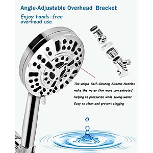 NIKISHAP 10-Mode Shower Head with High Pressure, Polished Finish, Handheld Design, Adjustable Bracket, 5 Ft Hose, and Built-in Power Wash to Clean Tub, Tile, and Pets