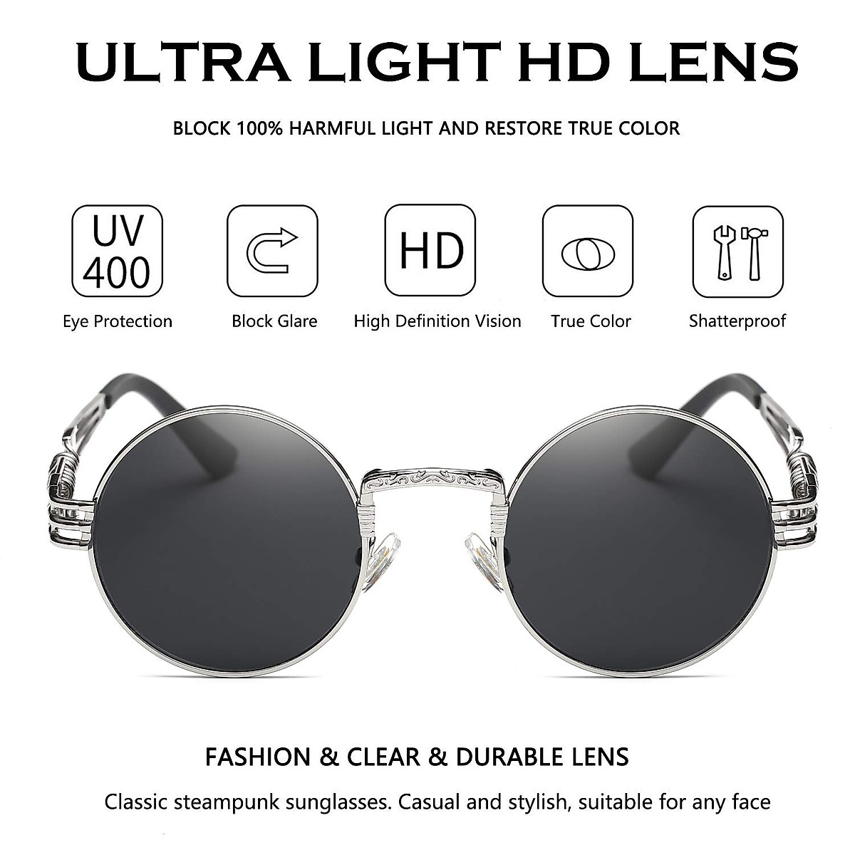 Dollger Round Sunglasses Steampunk Metal Classic Frame Mirror Lens(C1:Black Lens+ Silver Frame)