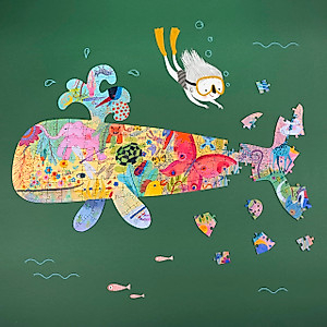 DJECO 150 Piece Shaped Jigsaw Puzzle w/Poster - Challenging Activity for Home, School or Gifts - Fun & Creative for Family & Friends, Educational Ocean Puzzle for Kids 6+ - Whale