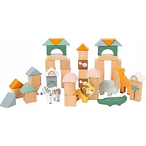 Small Foot- 50 Wooden Building Block Safari Playset- Stacking Toys for Boys and Girls Ages 12+ Months-Montessori-Perfect for Birthdays and Holidays, 7.5 x 6.4 x 7.5