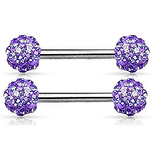 Body Accentz Nipple Ring Crystal Paved Ferido Balls 316L Surgical Steel Nipple Bar Pair(Purple)