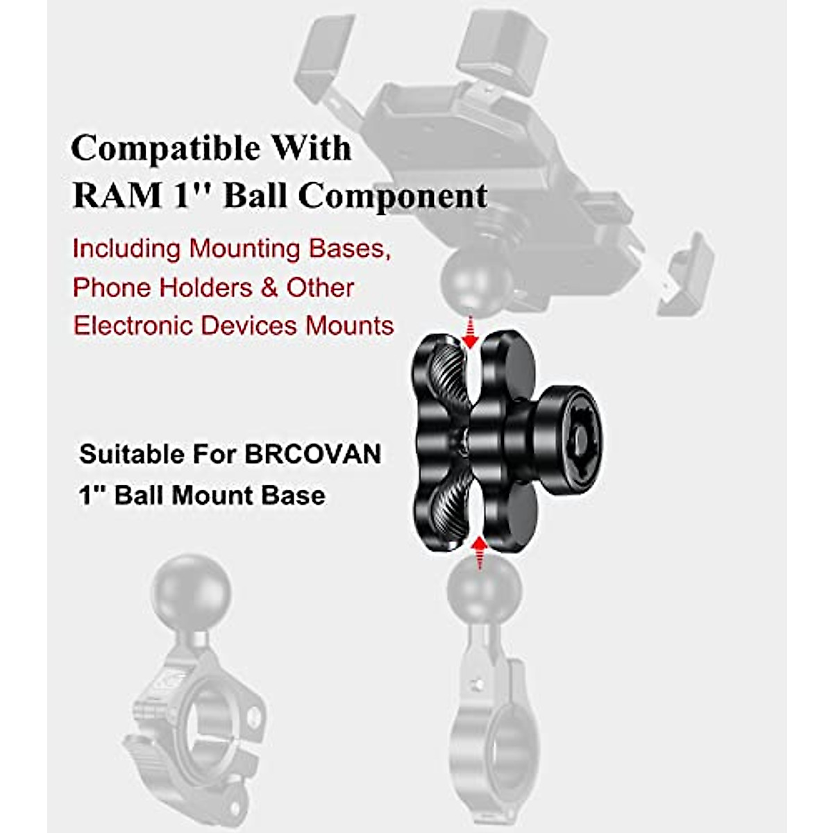 BRCOVAN Anti-Theft Aluminum Alloy Double Socket Arm Compatible with RAM Mounts B Size 1'' Ball Mounting Base & Bike Motorcycle Phone Holder (Short Arm)