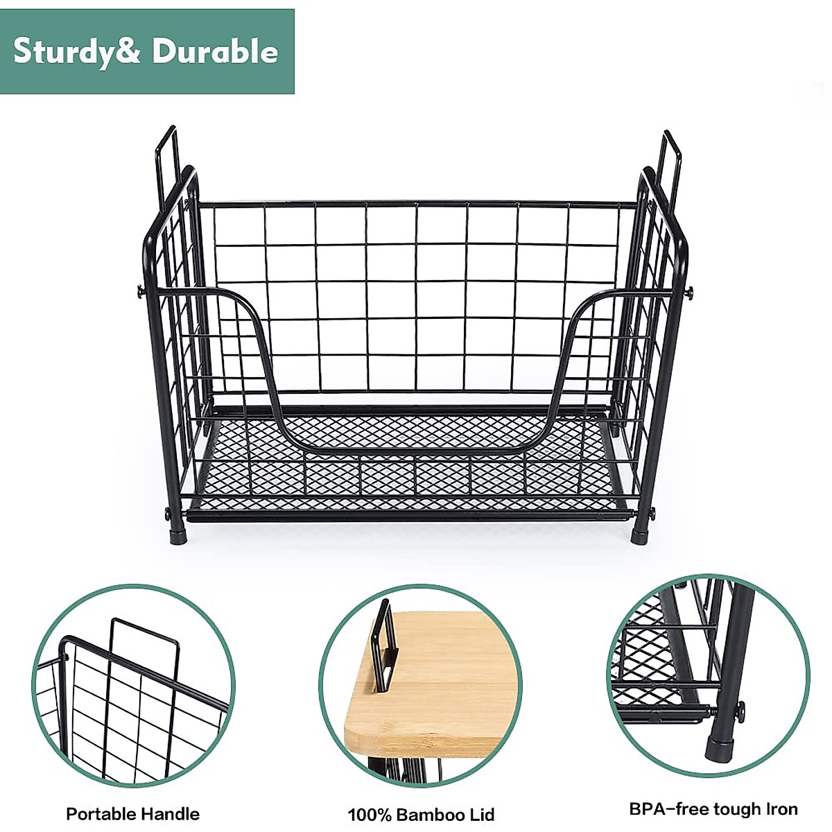 HEOMU Countertop Basket for Kitchen, Bread Vegetable Fruit Organizer Bin With Bamboo Lid, Metal Rectangular Wire Basket for Pantry Cabinet