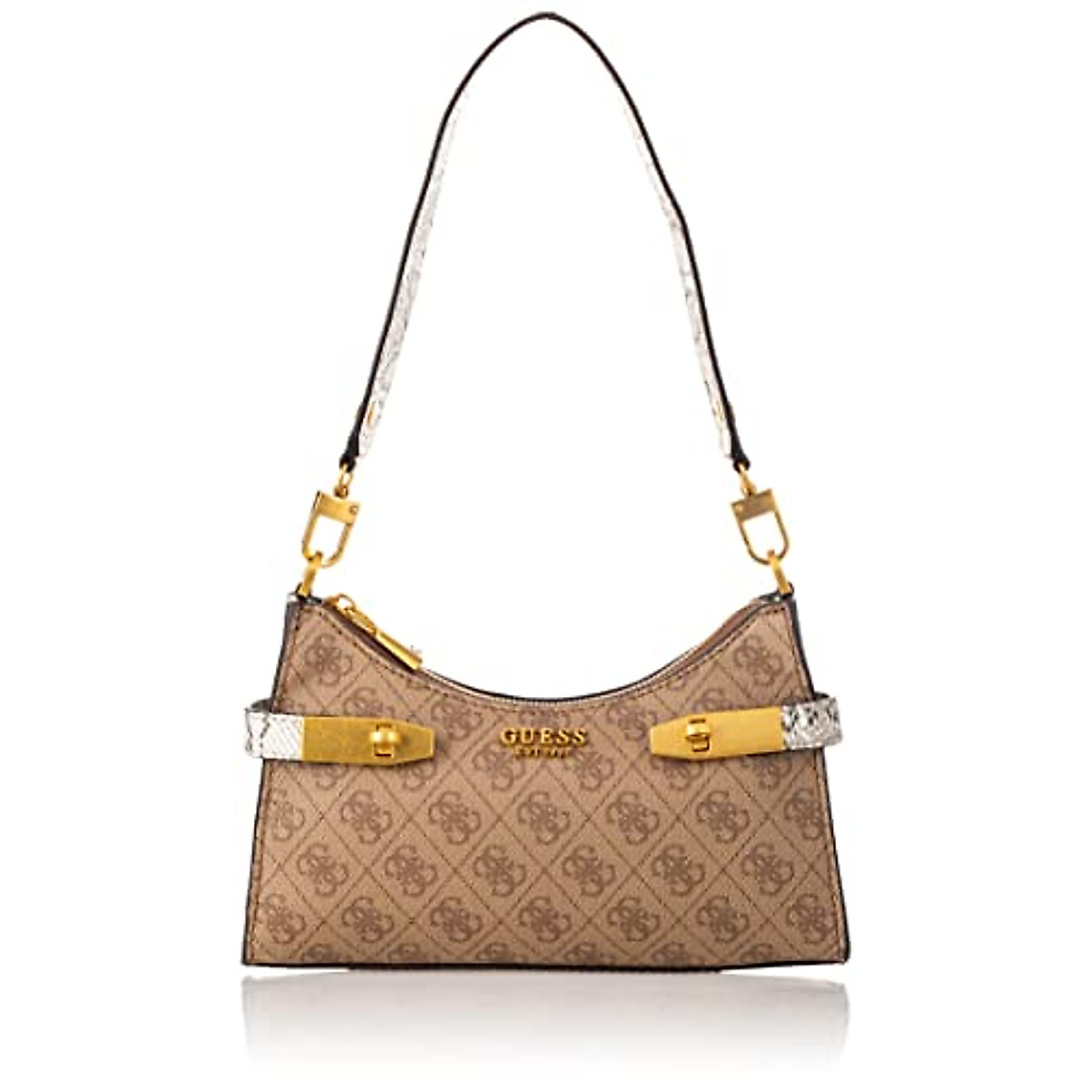 GUESS womens Zadie Logo Top Zip Shoulder Bag, Latte Logo Python, one size US