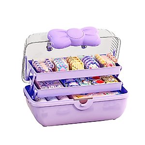 Hair Accessories Organizer Box, Portable 3 Layer Storage Box Case, Multifunctional Plastic Tool Box for Art Craft, Sewing, Makeup, Medicine, Nail, Hair Accessories for Kids (Purple ,