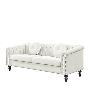FULife 72" Velvet Upholstered Loveseat Tufted Futon Sofa,Chesterfield Accent 3 Seaters Sofá Couch with Nail Arms&2 pillows for Living Bedroom/Apartment/Office/Studio/Bonus Room/Compact Places, Beige