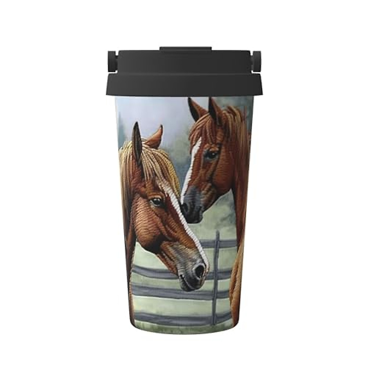 GTKSYNVE Reusable Coffee Mug with Lid and Handle, Animals Embroidery Paintings Horses Tumbler for Hot & Cold Drinks 16oz Stainless Steel Insulated Coffee Tumblers Double Wall Vacuum Thermal Cup