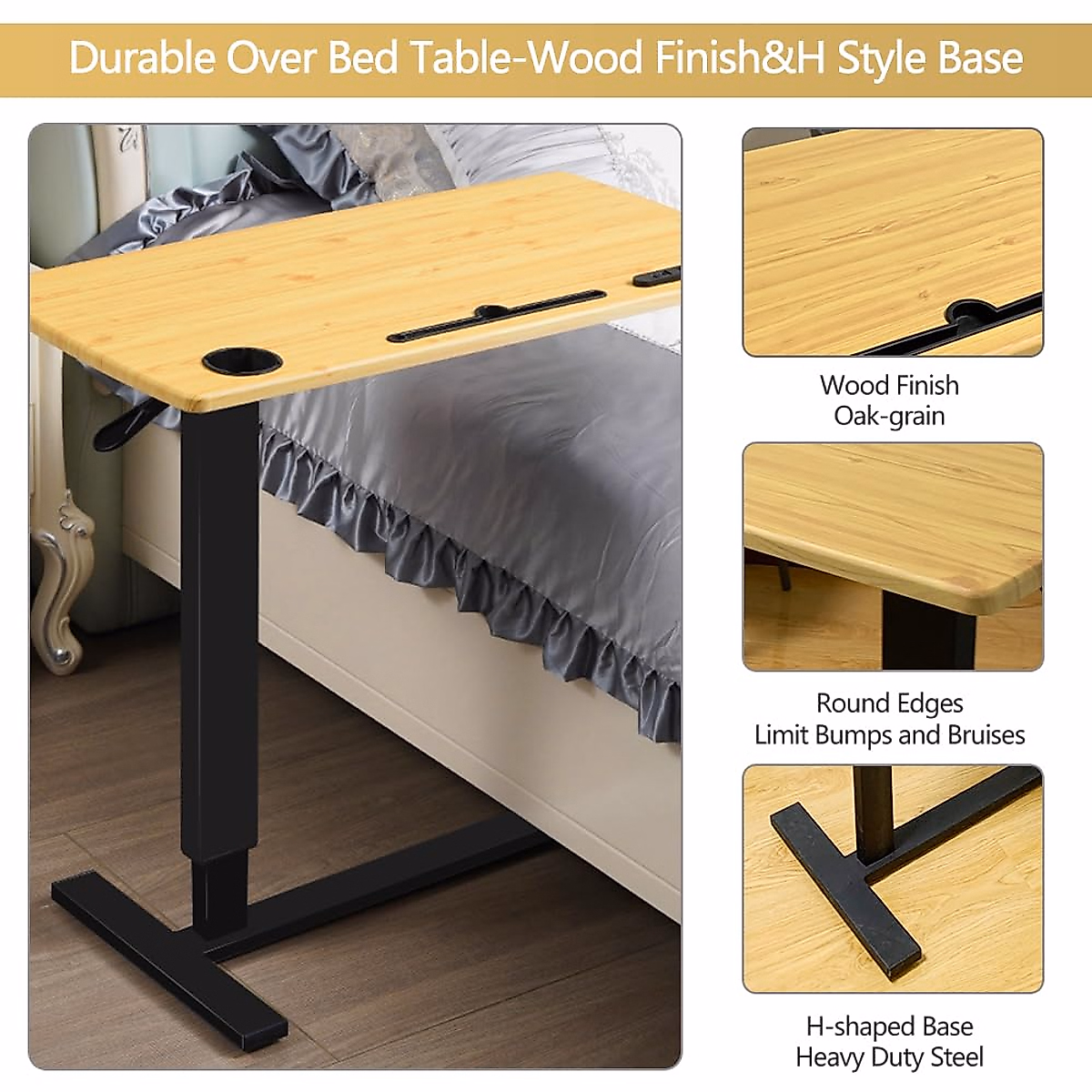 BeGyoku Overbed Table,Hospital Bed Table,Pneumatic Bed Tables Adjustable Over The Bed with Hidden Wheels&USB,Mobile Laptop Table Cart&Rolling Bedside Table with Tray Hospital Home Use-Oak