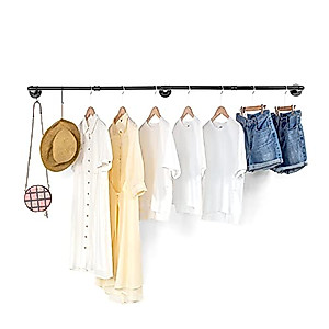iflove Industrial Pipe Clothing Rack, 70 Inch Wall Mounted Clothes Rack, Wall Racks Hangers Laundry Room for Hanging Clothes, Closet Rods Heavy Duty, Display Rack for Retail, Black with 4 Hooks
