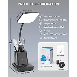 GOLSPARK Desk Lamp with Wireless Charger, LED Desk Lamp for Home Office 3 Color Modes CRI90+ Eye-Caring Reading Light with Pen Holder, Dimmable Gooseneck Touch Control Table Lamp for College Dorm Room