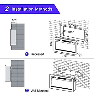 31 inch Electric Fireplace, Recessed and Wall Mounted Fireplace, Electric Fireplace Inserts with 750W/1500W Heater, Remote Control Timer, Adjustable 144 Color Combinations