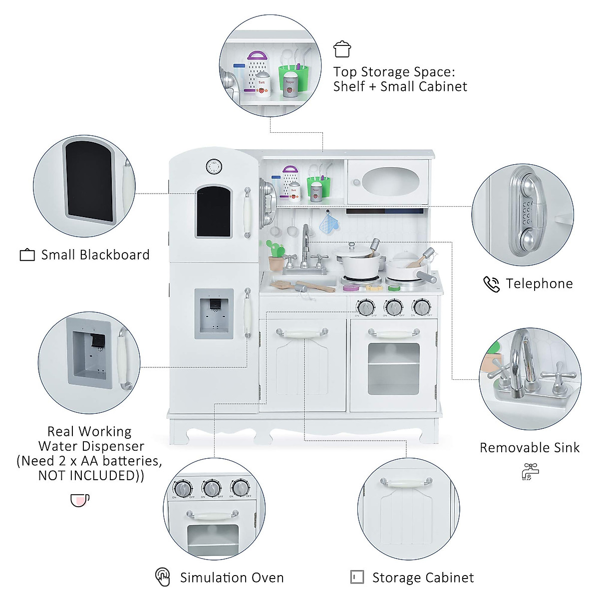 Qaba Large Kids Kitchen Playset with Telephone, Water Dispenser Simulation Cooking Set