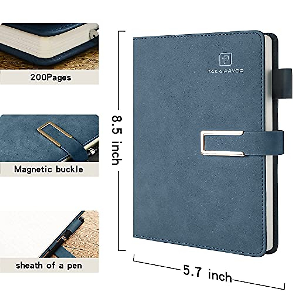 TAKA PRYOR Journal Notebook Lined, Hardcover Magnetic Closure, Personal Professional Notebooks, with Pen Loop，Medium 5.7 x 8.3 inches, 120 GSM Paper Gifts Blue Ruled
