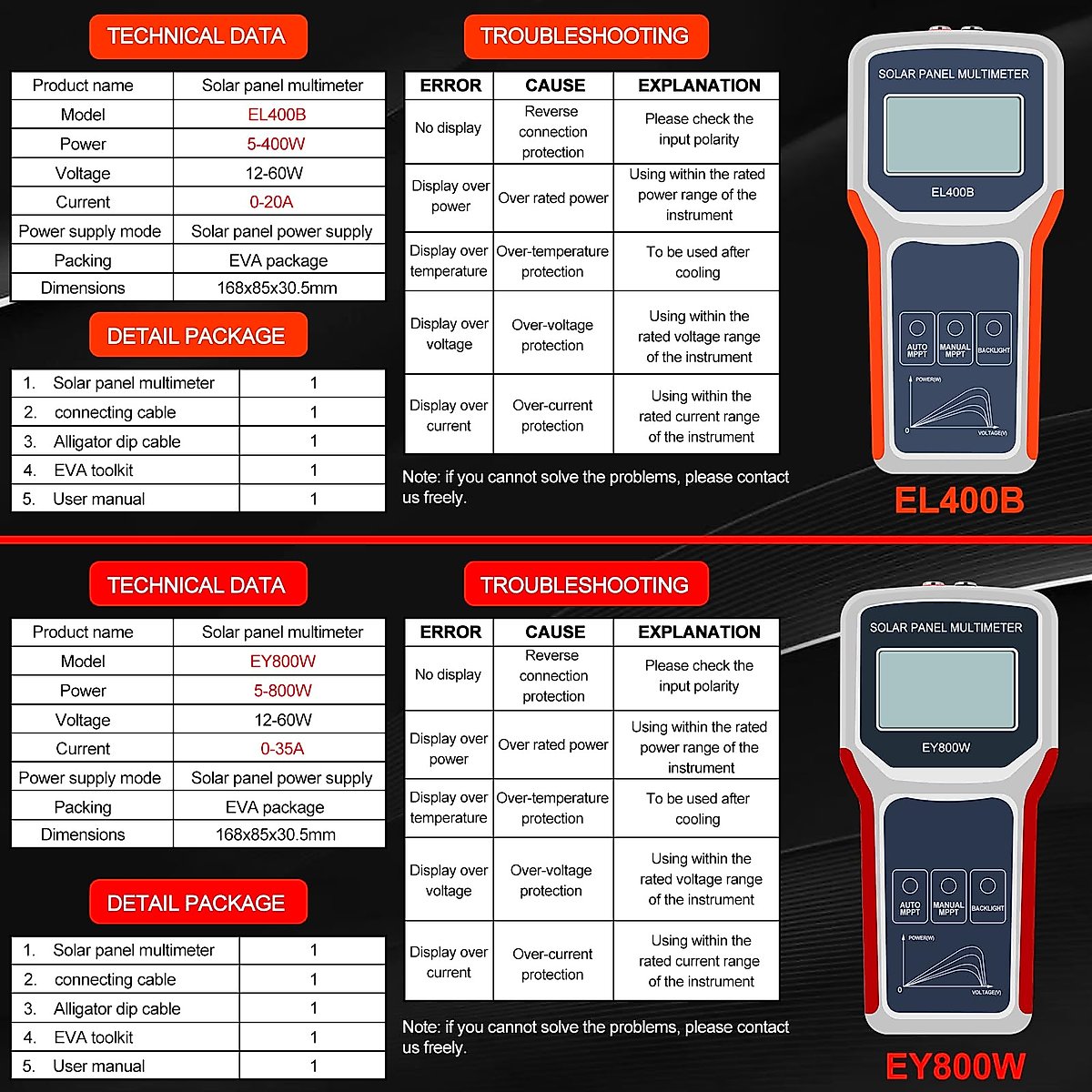 KAOLALI Solar Panel Tester EY800W Upgraded Multimeter LCD Display MPPT Tester for Photovoltaic Panel with Power Protection and Multifunction LCD Screen