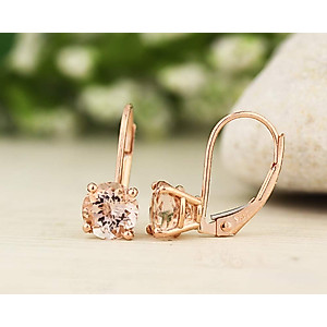 Solid 14k Rose Gold Morganite Dangle Lever back Earrings (Morganite 6mm Round)
