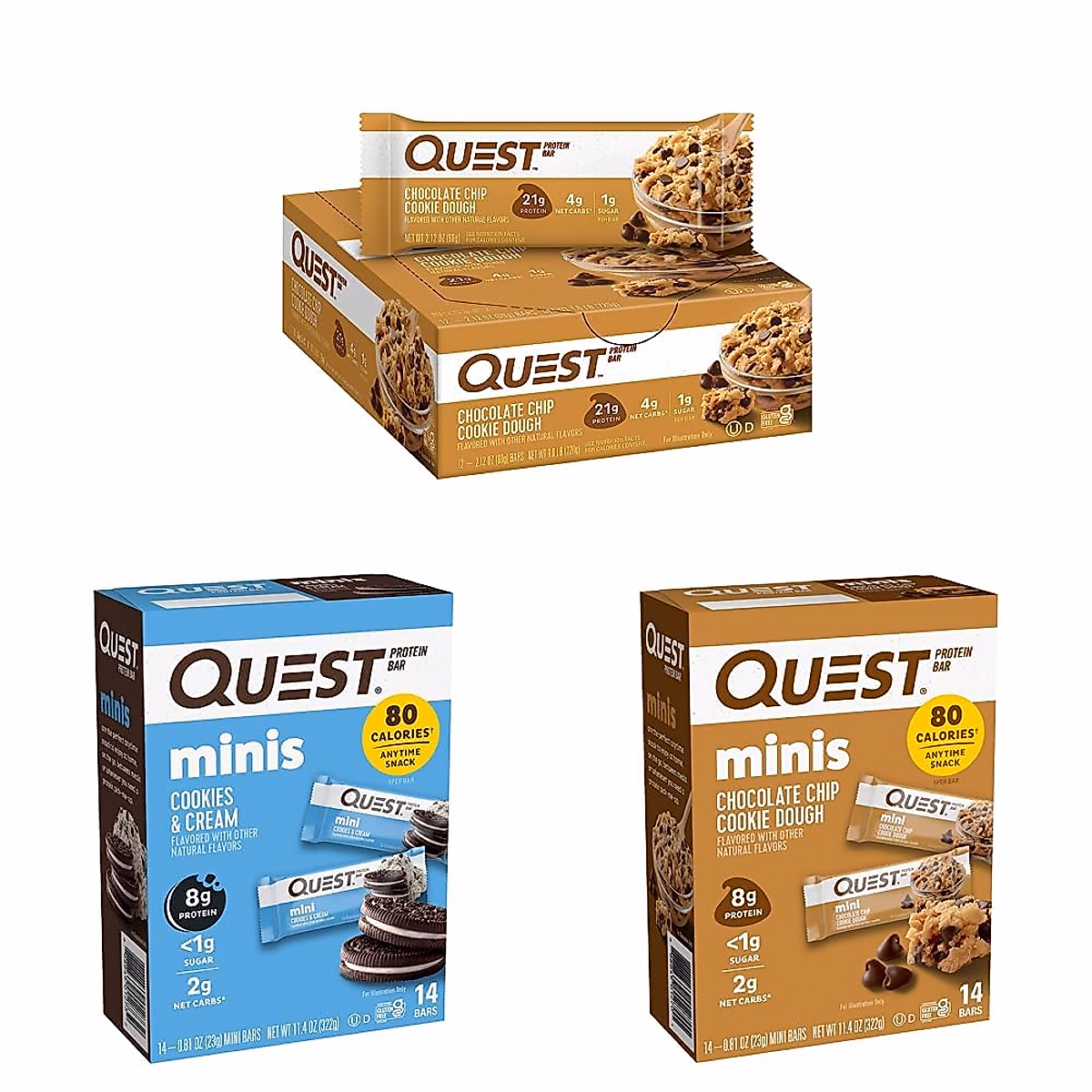 Quest Nutrition Chocolate Chip Cookie Dough Protein Bars, 12 Count & Mini Cookies & Cream Protein Bars, 14 Count & Mini Chocolate Chip Cookie Dough Protein Bars, 14 Count