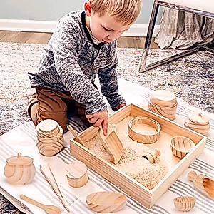 Sensory Bin Tools with Wooden Box, Montessori Toys for Toddlers, Sensory Toys, Set of 12 Wooden Scoops and Wooden Tongs for Transfer Work and Fine Motor Learning, Motor Skills Development