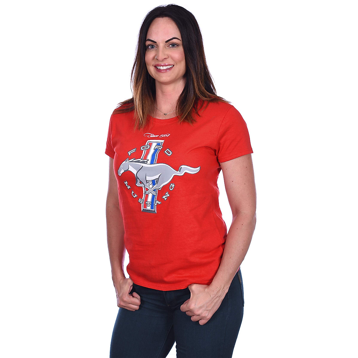 JH DESIGN GROUP Women's Ford Mustang Classic Emblem T-Shirt in Black Red or Heather-Gray (Large, Red)