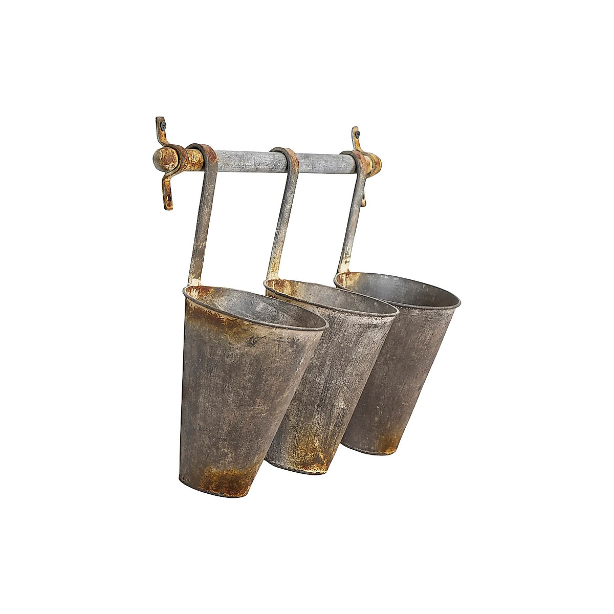 Creative Co-Op Antiqued Metal Wall Rack with 3 Hanging Tin Pots