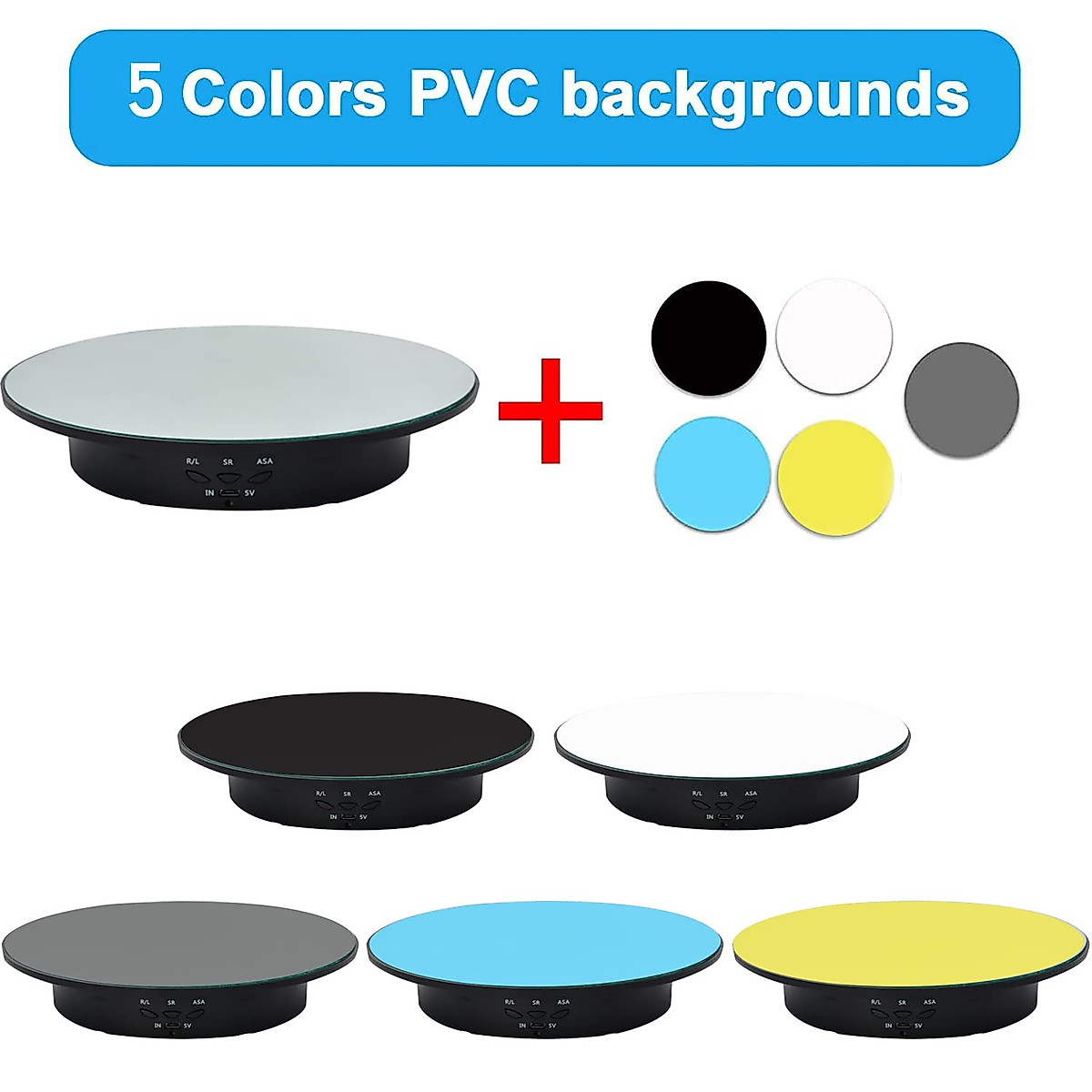 QINMAY 360 Degree Rotating Display Stand,360 Degree Photography Turntable with Remote Control,5 PVC Backgrounds,Battery/USB Power Supply for Photography Product Shows