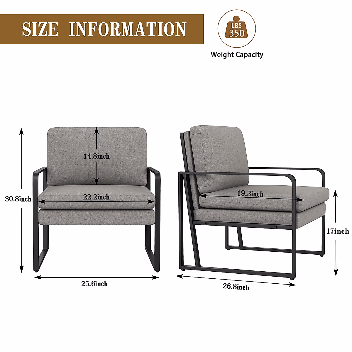 Andeworld Modern Accent Chair, Mid Century Living Room Armchair, Upholstered Linen Sofa Side Chair with Metal Legs for Reading,Lounging,Bedroom Apartment,Grey