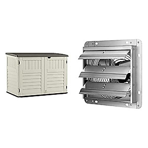 Suncast 5. 4 ft. x 3. 2 ft Horizontal Stow-Away Storage Shed - Natural Wood-Like Outdoor Storage for Trash Cans and Yard Tools & iPower 7 Inch Shutter Exhaust Fan Aluminum, 1680 RPM, 760 CFM, Silver