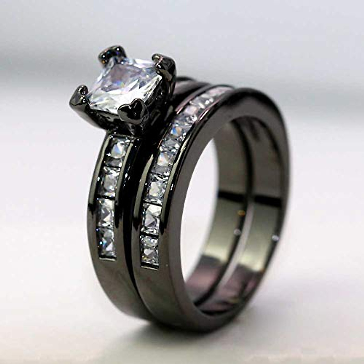 Bridal Sets Black Gold Plated Princess Cut 6mm Cz 2pcs Womens Wedding Band Ring Sets Engagement Ring