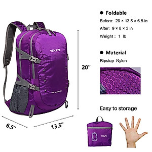 vimapo Packable Lightweight Backpack 40L, Ripstop Nylon Foldable Traveling Daypack, Collapsible Hiking Backpack For Outdoor(Purple)