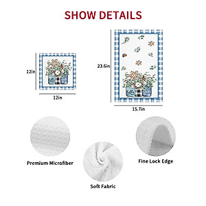 Hokiten Christmas Waffle Kitchen Towels Dishcloths, Xmas Eucalyptus Leaves Winter Cotton Blue Plaid Absorbent Dish Towels | Hand Towels for Bathroom/Bar, 12 x 12 Inch, 2 Pcs