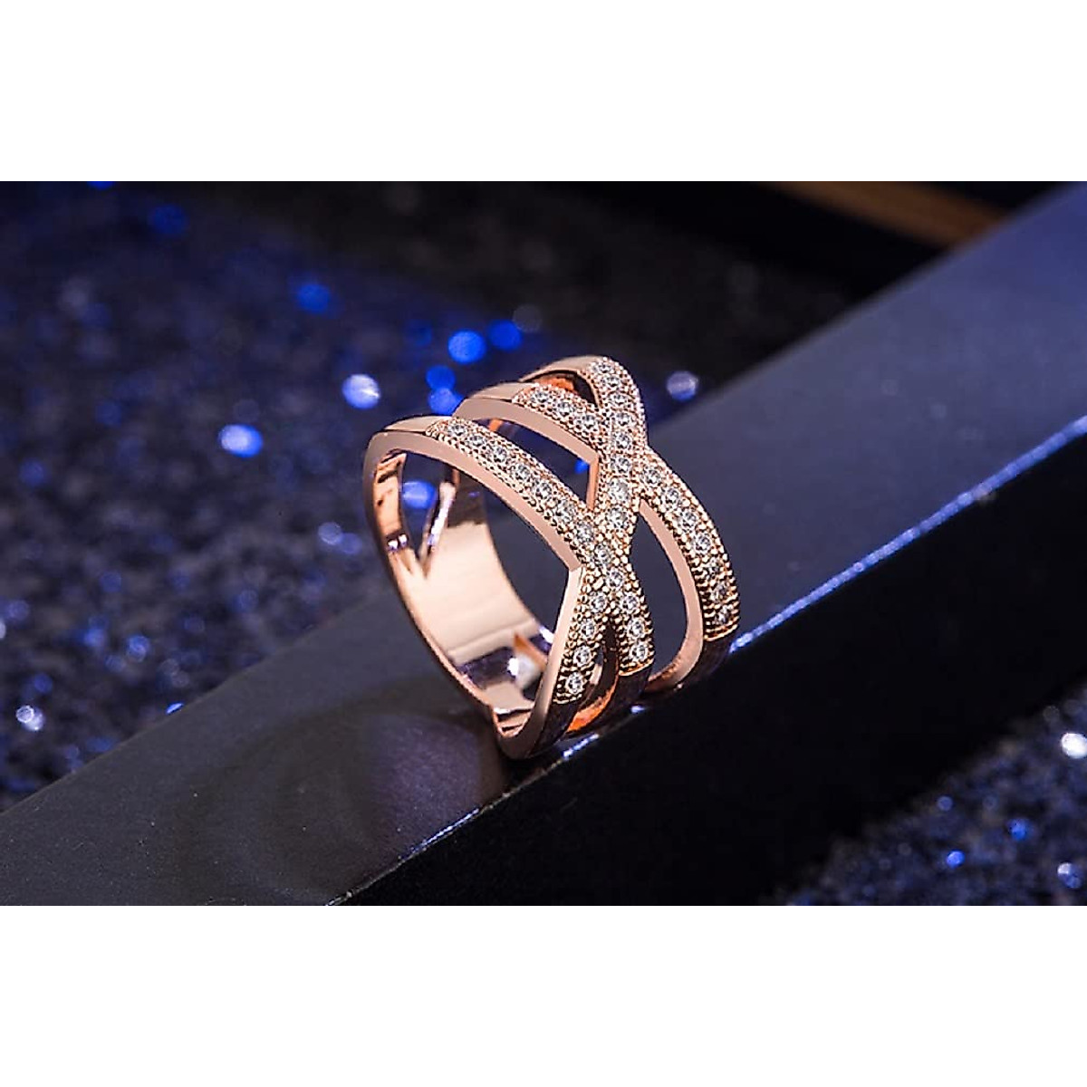ZDIFDIC Fashion Rose Gold Overlapping Rings For Women Intertwined Crossover Statement X Ring Cross Ring Cubic Zirconia Ring Engagement Promise Band Wedding Rings for Women Gifts (7#)