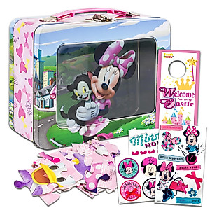 Classic Disney Minnie Mouse Tin Lunch Box Puzzle Bundle ~ Minnie Mouse Lunchbox with Minnie Puzzle 24 Piece for Kids, Minnie Mouse Stickers, and More (Minnie School Supplies), Minnie Mouse tin box