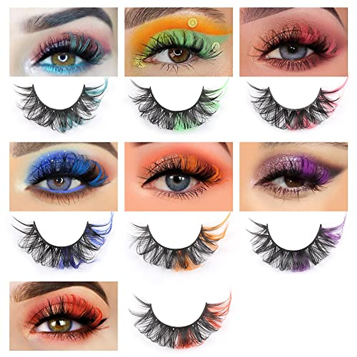 Ruairie False Eyelashes Colored Lashes Fluffy Wispy Russian Strip Lashes with Color D Curl Volume Curly Christmas, 7 Colors Fake Eyelashes Pack