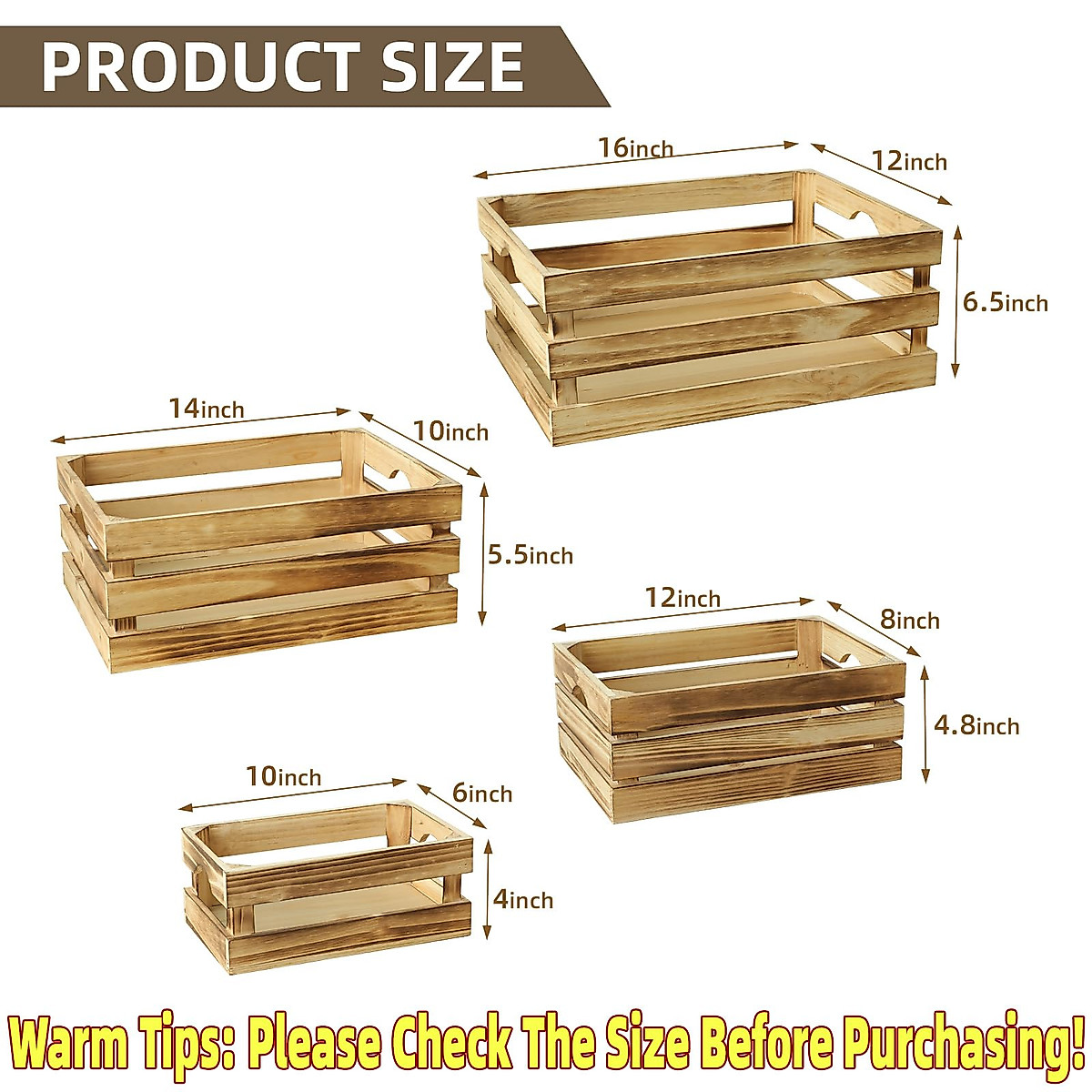 JUMBO HUMBLE Large Torched Wood Storage Crates Decorative, Set of 4 Nesting Wooden Crates for Display Rustic, Farmhouse Wooden Storage Container Boxes Made from 100% Wood