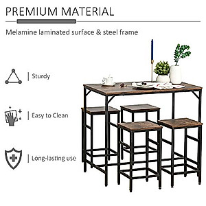 HOMCOM 5-Piece Industrial Dining Table Set, Bar Table & 4 Stools Set, Space Saving for Pub & Kitchen, Black/Brown
