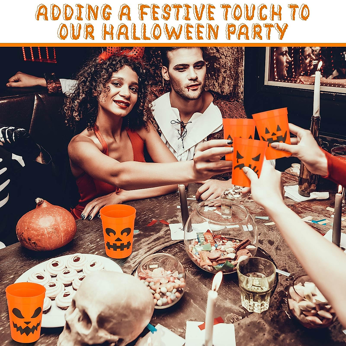 Sliner 60 Pieces Halloween Jack O Lantern Cups 12 oz Plastic Scary Printed Pumpkin Design Cup Reusable Orange Cute Halloween Party Supplies for Liquor Juice Hot Cold Drinks Coffee Kitchen Adult Kids