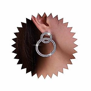 Sttiafay Vintage Crystal Circle Drop Earrings Double Circle Hoop Earrings Silver Cz Circle Dangle Earrings CZ Hollow Circle Earrings Jewelry for Women and Girls