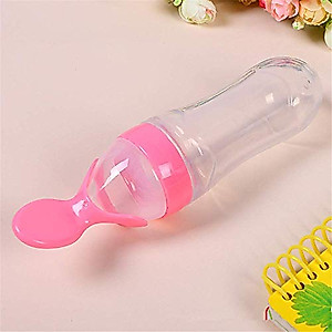 Silicone Squeeze Bottle Spoon Baby Feeding Cereal, Rice, Supplement with Dispensing Feeder, Food Dispensing Spoon, Infant Newborn Toddler Food Supplement Set- 90ml Pink