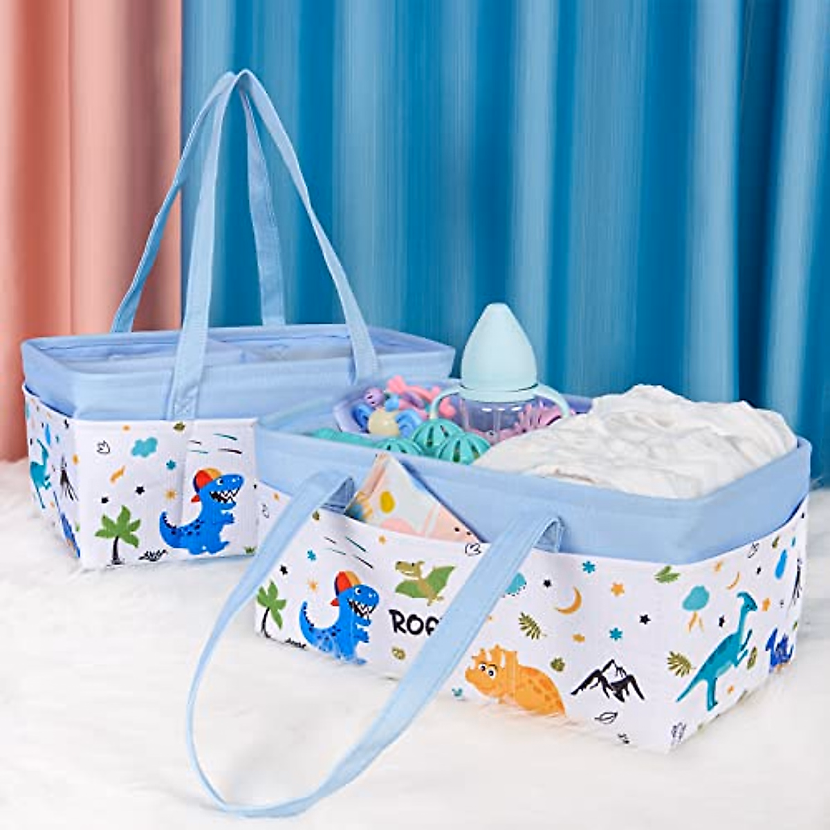 WERNNSAI Dinosaur Diaper Caddy - Collapsible Nursery Organizer for Boy Infant Baby Shower Gifts Large Blue Storage Basket for Changing Table Car Travel Living Room Newborn Essentials Must Have Dots