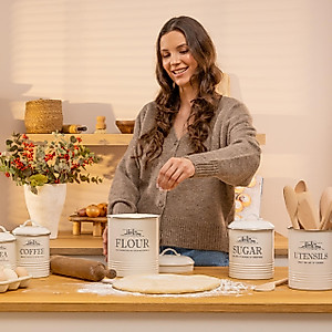 noonberry Set of 5 Canisters for Kitchen Counter, White Containers, Airtight Coffee Tea Flour Sugar Canisters Set & Utensil Holder for the Kitchen Countertop