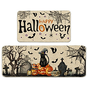 Hexagram Halloween Kitchen Mats Set of 2, Happy Halloween Kitchen Rugs and Mats, Farmhouse Buffalo Plaid Black Cat Mats for Floor Decorations, Decorative Halloween Kitchen Decor 17x29 Inch-17x47 inch
