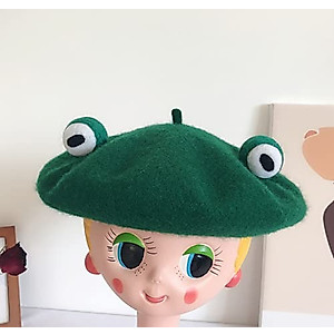 Kawaii Funny Frog Berets Hat Christmas Green Cap Winter Warm Women Girls Gift French Style (kawaii green frog)