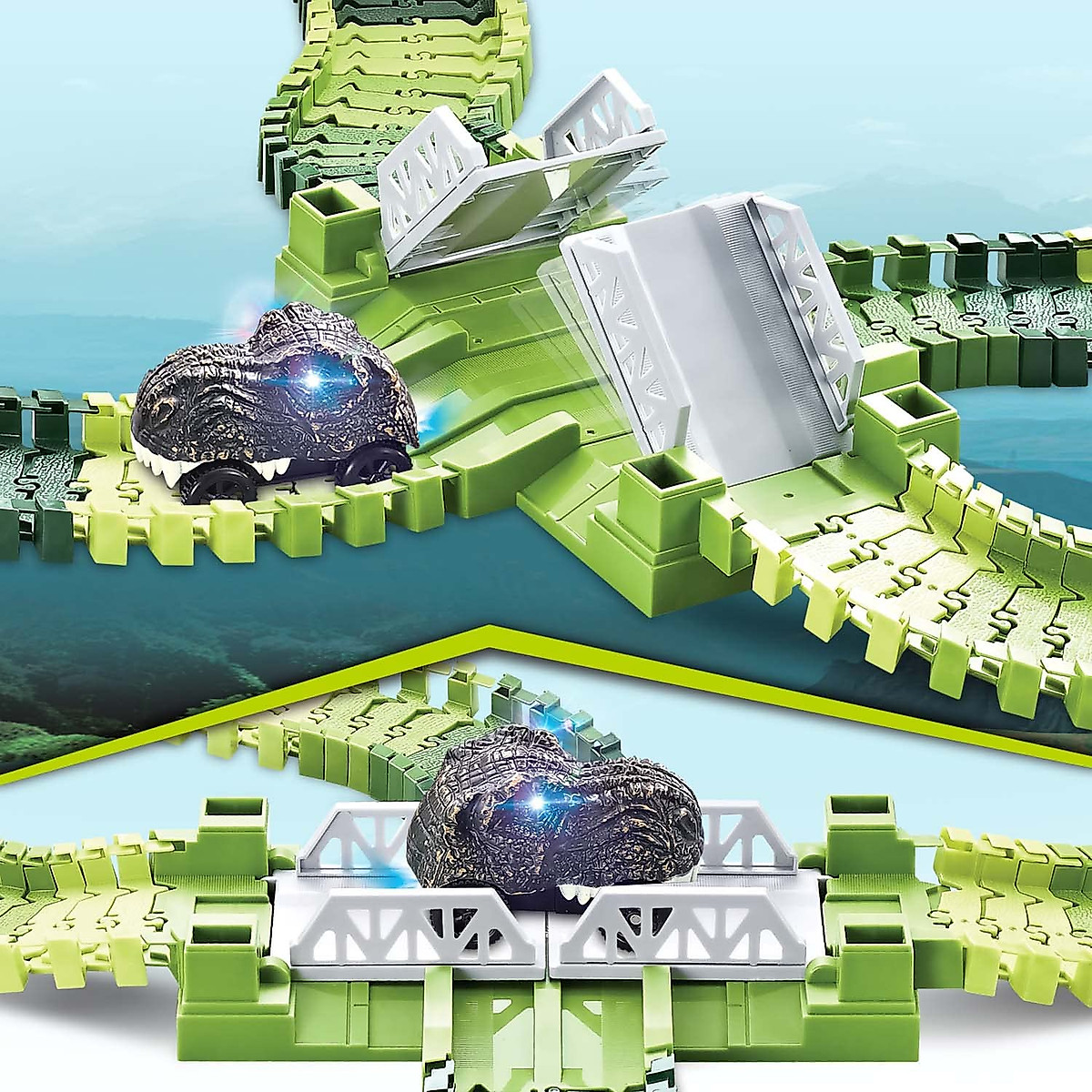 WESPREX Dinosaur Race Track Toy Set 288 PCS, Flexible Track Playset w/ 240 Tracks, 1 Dinosaur Car, 1 Race Car, 1 Drawbridge, 1 Tunnel, Create A Dino Track, Dinosaur Toy Gift for Kids Boys Girls Age 3+