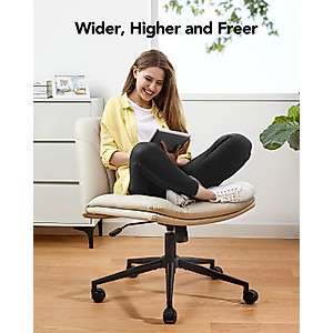 Marsail Armless-Office Desk Chair with Wheels: PU Leather Cross Legged Wide Chair,Comfortable Adjustable Swivel Computer Task Chairs for Home,Office,Make Up,Small Space,Bed Room(Beige)