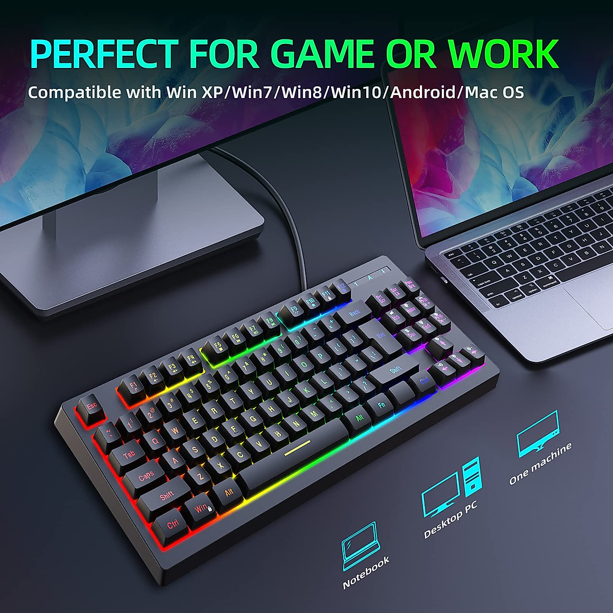 Fuegobird Gaming and Office Keyboard, USB Wired High Performance, RGB Backlit, Compact 87 Keys Low Caps for Windows, Mac, Android