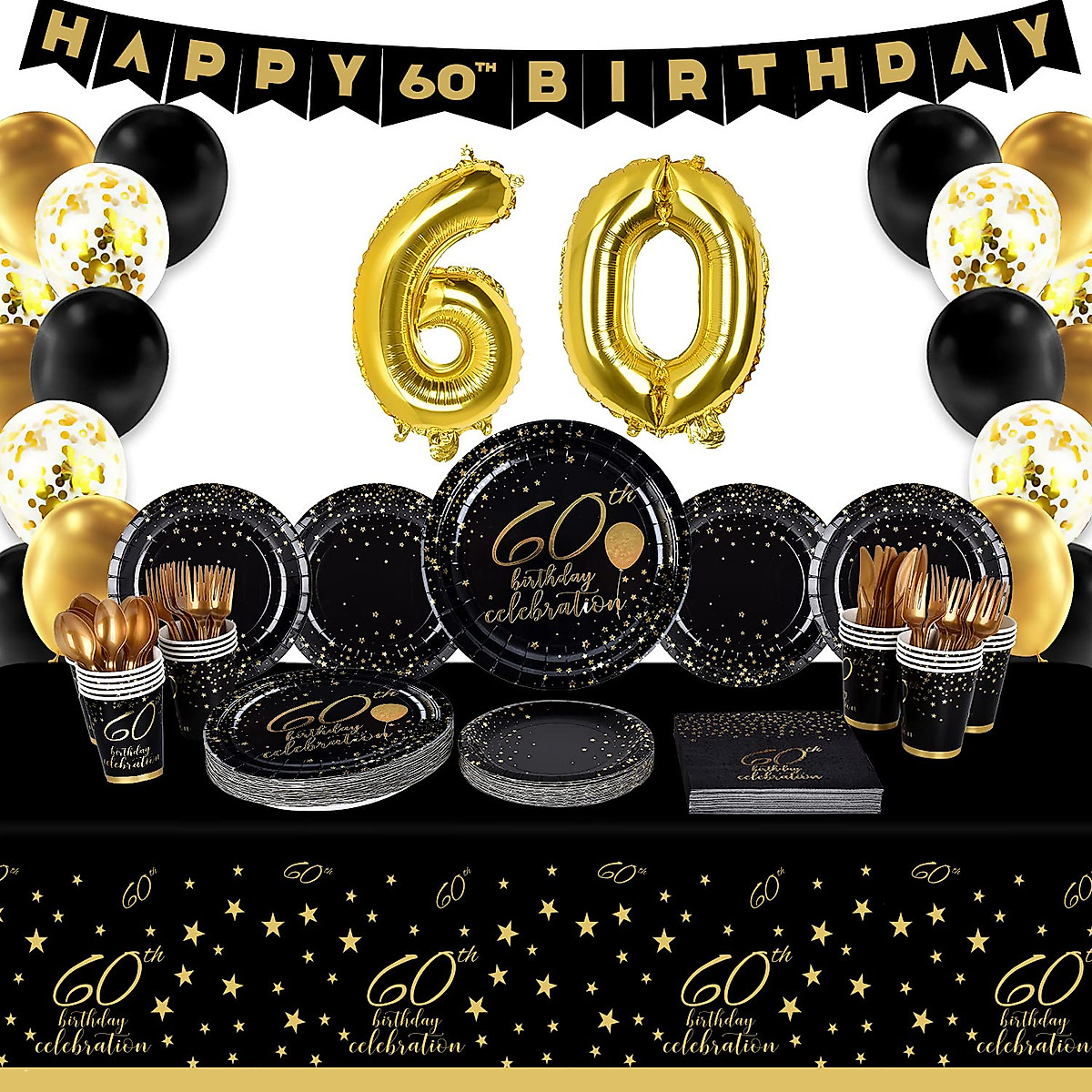 Gatherfun 60th Birthday Party Supplies Disposable Paper Plates Napkins Cups Knives Spoons Forks Tablecloth Banner Number 60 Balloons for Men Woman Black and Gold 60 Birthday Party Decorations Serve 25