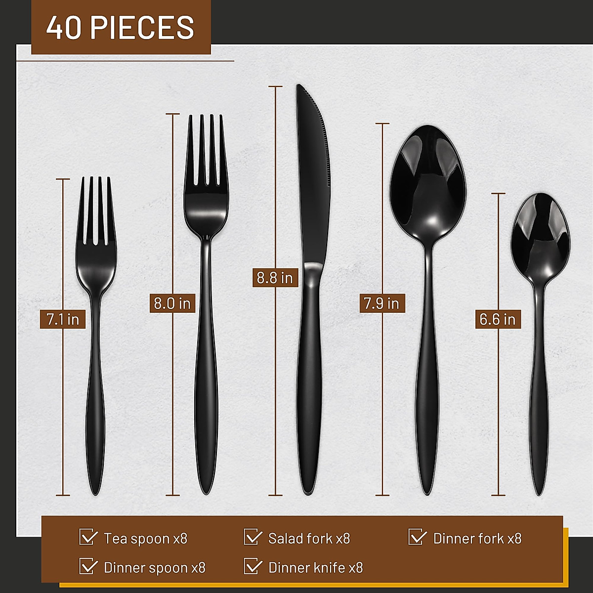 PUREAIN Silverware Set, 40 Pieces Flatware Set for 8, Anti-rust Stainless Steel Cutlery Set Including Fork Spoon and Knife, Dishwasher Safe, Black